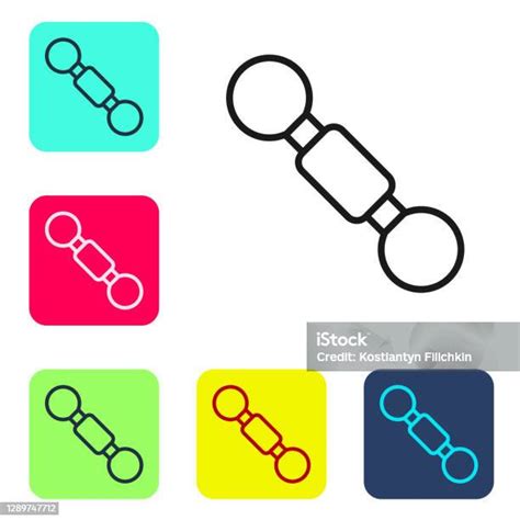 흰색 배경에 격리 된 검은 줄 아령 아이콘 근육 리프팅 아이콘 피트니스 바벨 체육관 스포츠 장비 운동 범벨 색상 정사각형 단추로 아이콘을 설정합니다 벡터 강철에 대한 스톡