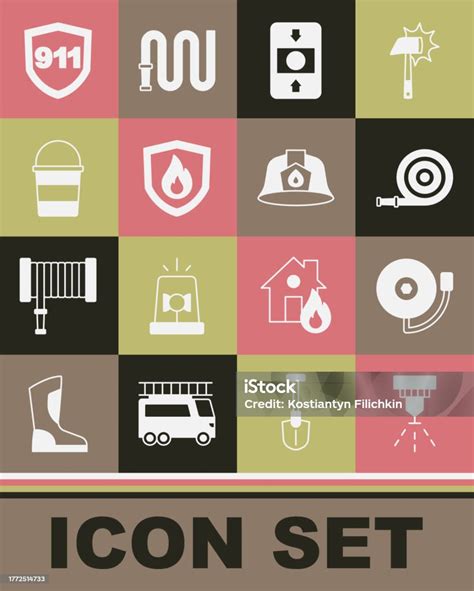 화재 스프링클러 시스템 울리는 알람 벨 호스 릴 보호 방패 양동이 비상 전화 911 및 소방관 헬멧 아이콘을 설정합니다 벡터 관 튜브에 대한 스톡 벡터 아트 및 기타 이미지