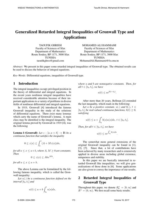 Pdf Generalized Retarded Integral Inequalities Of Gronwall Type And