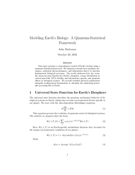 Pdf Modeling Earths Biology A Quantum Statistical Framework