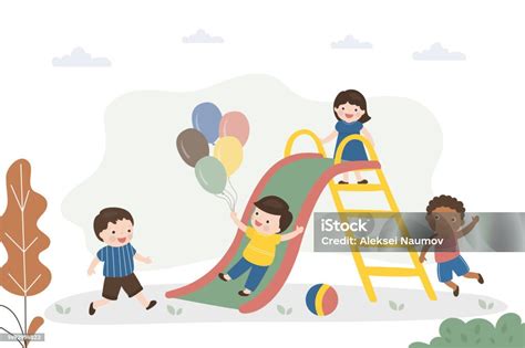 행복한 소년 소녀들은 사다리를 오르고 놀이터에서 즐거운 시간을 보내며 미끄럼틀을 타고 내려갑니다 야외에서 노는 것을 즐기는 흥분한 아이들 어린 시절의 활동적인 여가 오락 및
