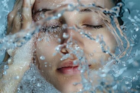 Dynamic Splashes Of Water Envelop The Womans Face As She Folds His Hands Premium Ai Generated