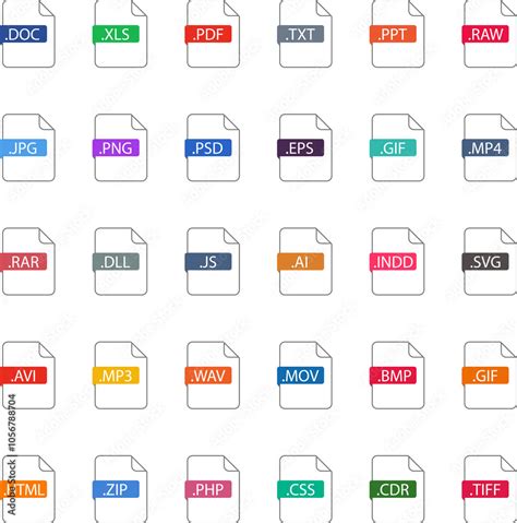 List Of Document File Types And Extensions Set Of Pdf Doc  Xls Zip Graphic Templates