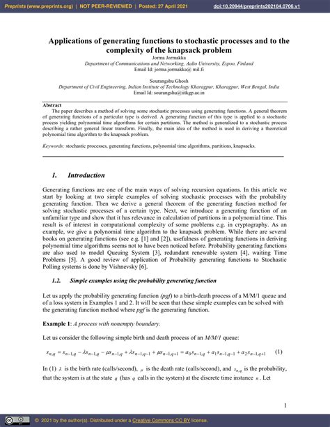 Pdf Applications Of Generating Functions To Stochastic Processes And