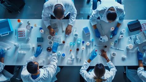 A Group Of Scientists In Lab Coats Are Working On A Project In A Lab