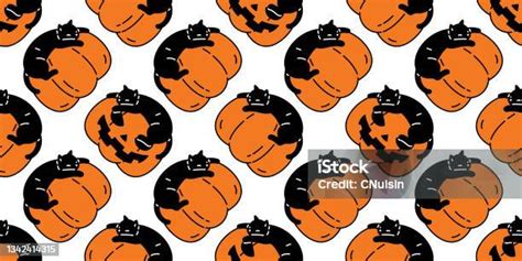 고양이 원활한 패턴 할로윈 호박 새끼 고양이 만화 벡터 스카프 고립 반복 벽지 타일 배경 선물 포장지 문자 낙서 일러스트 디자인 고양이 새끼에 대한 스톡 벡터 아트 및 기타