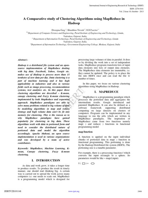 A Comparative Study Of Clustering Algorithms Using Mapreduce In Hadoop Ijertv2is101148 Pdf