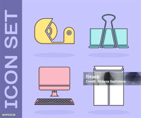 Set Envelope Scotch Computer Monitor With Keyboard And Binder Clip Icon