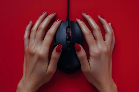 Woman Hands Pushing Keys Of Pc Mouse On Red Background Premium Ai Generated Image