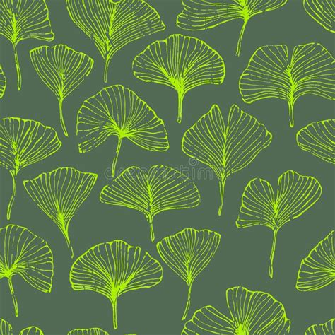 Seamless Pattern With Ginkgo Biloba Leaves Textured Hand Drawn Outline Leaf Veins Stock Vector