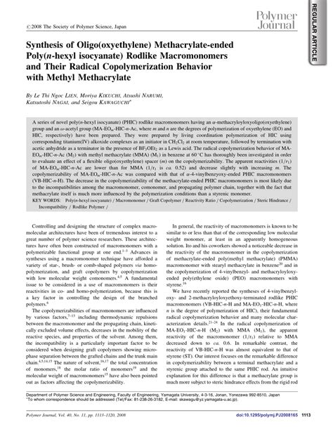 Pdf Synthesis Of Oligo Oxyethylene Methacrylate Ended Poly N Hexyl Isocyanate Rodlike