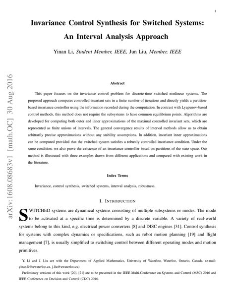 Pdf Invariance Control Synthesis For Switched Systems An Interval Analysis Approach