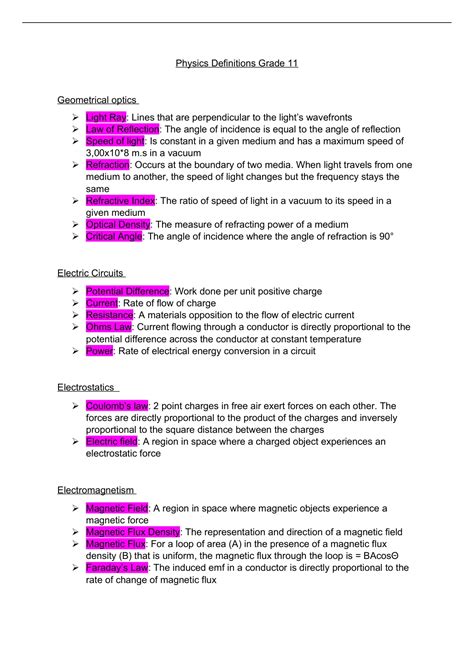 Grade 11 Physics Definitions Physical Sciences Stuvia SA