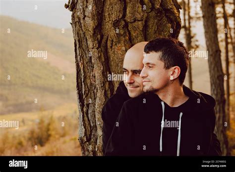 Cheerful Homosexual Couple Embracing Near Tree In Forest And Picturesque View Of Valley Stock