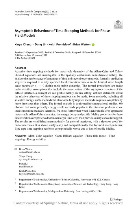 Pdf Asymptotic Behaviour Of Time Stepping Methods For Phase Field Models