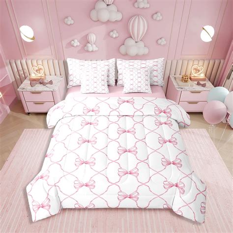 Pink Bow Comforter Set Cute Bowknot Full Bedding Set Grids Ribbon Bow