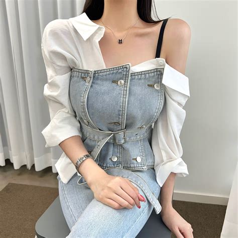 고퀄보장 당일무료배송 데님 탑 벨트 셔츠 세트중청 랩 뷔스티에 데님뷔스티에 코르셋 레이어드 투피스 오프숄더 오픈칼라 오버핏 루즈핏셔츠 블라우스 가을 긴팔셔츠
