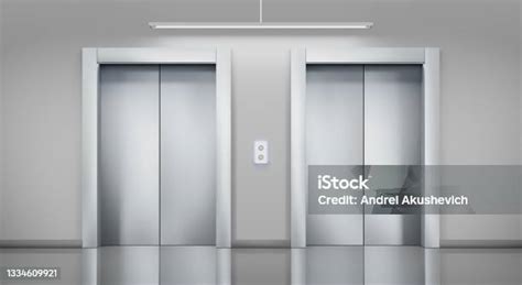 복도에 닫힌 오두막 문이있는 금속 엘리베이터 실내 빈 사무실 로비 호텔 홀 또는 복도에는 승객 용 엘리베이터와 크롬 버튼이있는 패널이 있습니다 사실적인 일러스트레이션 3d