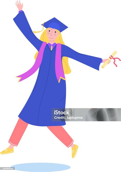 졸업 소녀 캐릭터 학교 졸업 학생은 흰색 평면 벡터 일러스트에 고립 모자 졸업장을 개최합니다 중등 교육 완료 교육에 대한 스톡 벡터 아트 및 기타 이미지 Istock