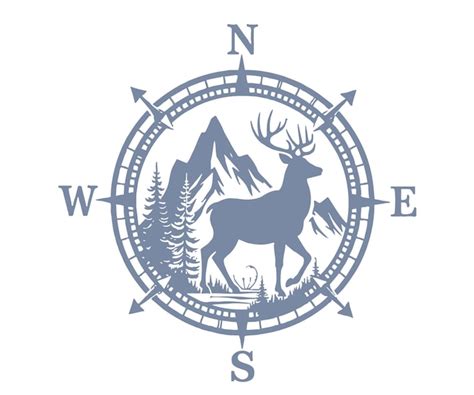 Deer In Compass With Mountains And Trees Premium Vector