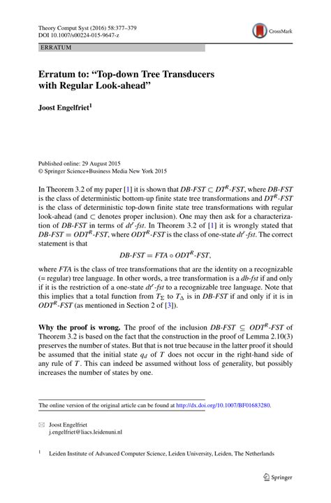 Pdf Erratum To Top Down Tree Transducers With Regular Look Ahead