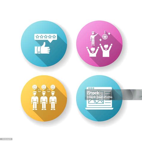 소셜 미디어 마케팅 플랫 디자인 긴 그림자 글리프 아이콘 세트 평가 검토 팬 미팅 충성도 높은 청중 광고 삽입 소셜 미디어 마케팅 실루엣 Rgb 컬러 일러스트레이션 개념에