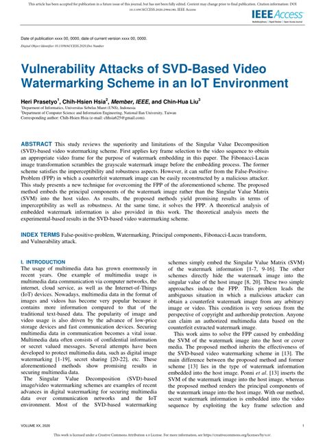Pdf Vulnerability Attacks Of Svd Based Video Watermarking Scheme In An Iot Environment