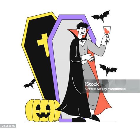 관에 누워 있는 드라큘라 피의 유리 잔을 가진 뱀파이어 할로윈 의상 신비주의와 공포 무섭고 으스스한 사람 선형 평면 벡터 그림 검은색에 대한 스톡 벡터 아트 및 기타 이미지