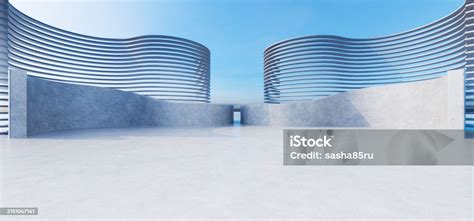 콘크리트 바닥이 있는 주차장 모형을 위한 넓은 공간을 비웁니다 흐린 푸른 하늘 빈 콘크리트 공간이 있는 콘크리트 벽 디자인 추상적인 최소한의 건축 배경 3d 렌더링 0명에
