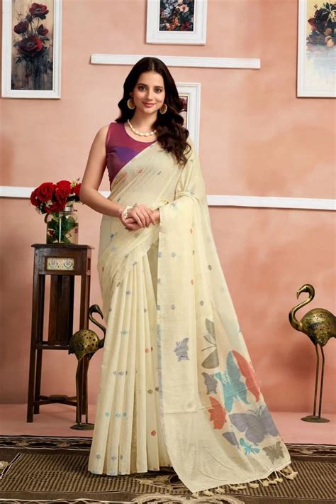 Cream Mul Cotton Saree With Tassels Weaving Print And Pattern At ₹ 1449