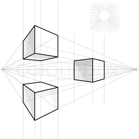 Drawing Of A Cube In Perspective With Two Vanishing Points Stock
