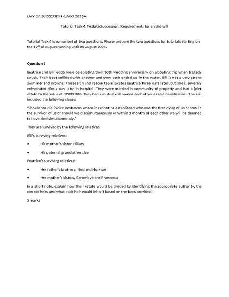 Tutorial 4 Practice Question Law Of Succession Laws 2023a Tutorial Task 4 Testate