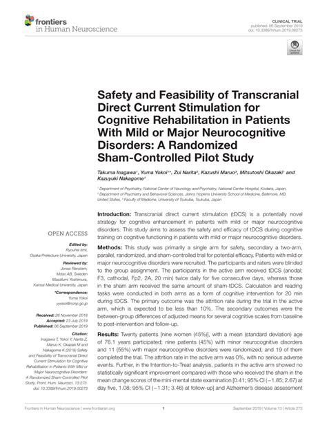 Pdf Safety And Feasibility Of Transcranial Direct Current Stimulation
