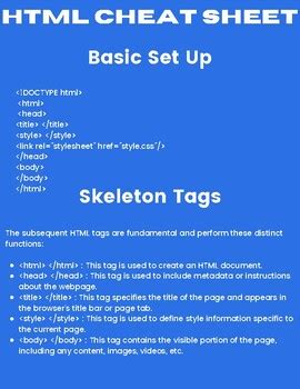 HTML Cheat Sheet By Coates Projects TPT