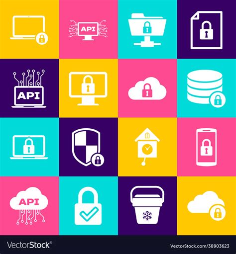 Set Cloud Computing Lock Smartphone With Server Vector Image