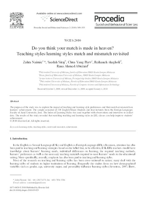 Pdf Do You Think Your Match Is Made In Heaven Teaching Styles Learning Styles Match And