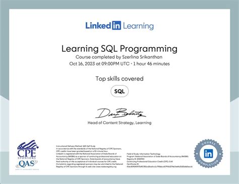 Szerlina Srikanthan On Linkedin Just Finished The Course “learning Sql