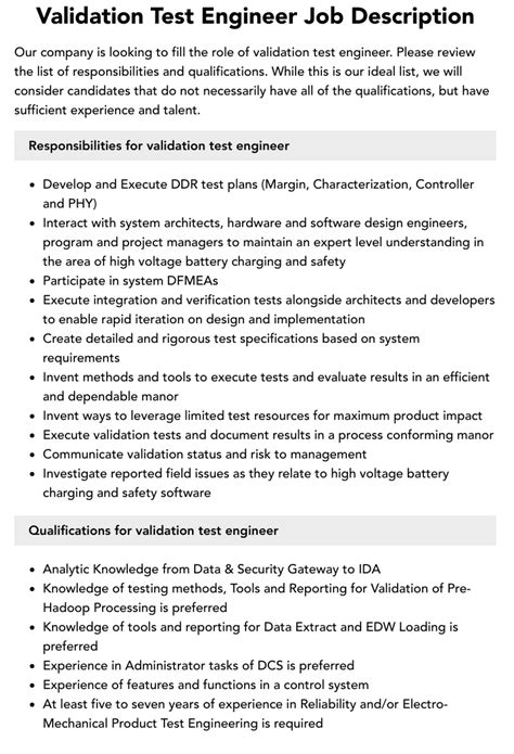 Validation Test Engineer Job Description Velvet Jobs