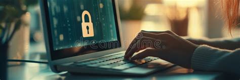 hands typing on a laptop keyboard with a lock icon on the screen