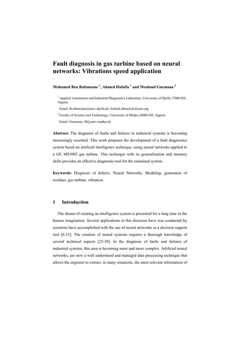 pdf fault diagnosis in gas turbine based on neural networks