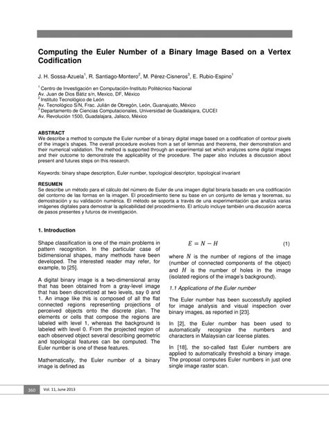 Pdf Computing The Euler Number Of A Binary Image Based On A Vertex