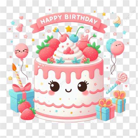 생성 Ai에 딸기로 장식된 만화 스티커 핑크색 생일 축하 케이크의 3d 그림 생성 Ai에 딸기로 장식된 분홍색 생일 축하 케이크의 만화 스티커 3d 그림 케이크 스티커