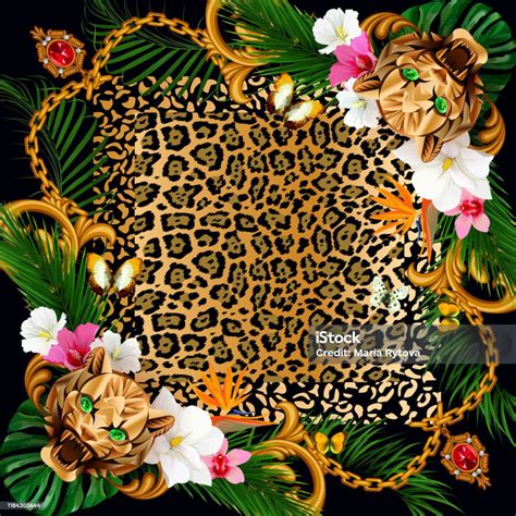 열대 잎 보석 두루마리로 장식 된 황금 재규어 머리와 피부 프린트가있는 아름다운 손수건 머리 스카프에 대한 스톡 벡터 아트 및 기타 이미지 머리 스카프 목련 온대 식물