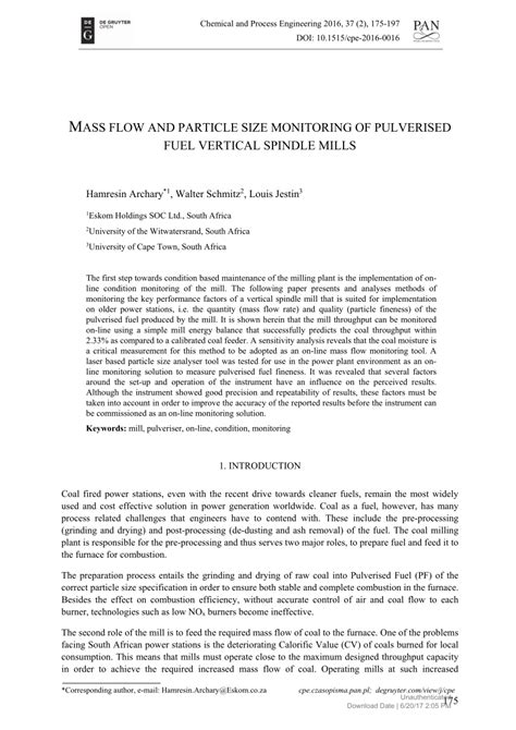 Pdf Mass Flow And Particle Size Monitoring Of Pulverised Fuel Vertical Spindle Mills