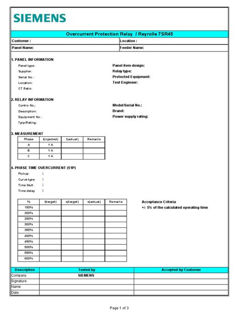 Siemens 7sr45 Test Forms Pdf Electrical Engineering
