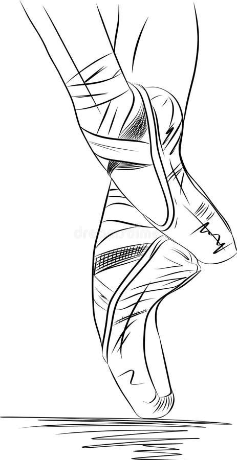 Hand Drawn Sketch Of Ballerina Pointe Shoes Feet In Shoes Of Ballet