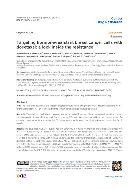 Pdf Targeting Hormone Resistant Breast Cancer Cells With Docetaxel A Look Inside The Resistance
