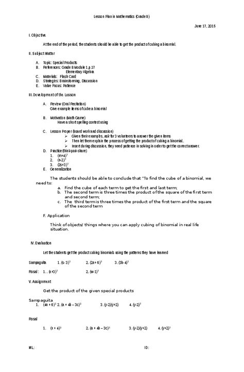 Doc Lesson Plan In Mathematics Grade 8