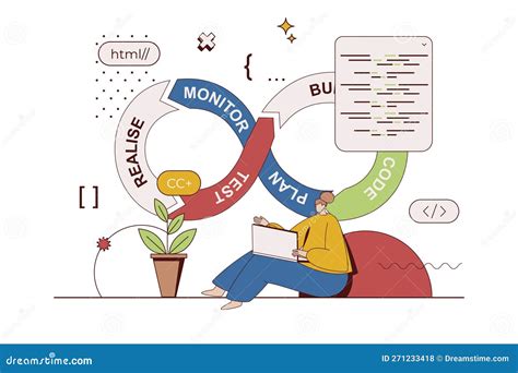 Devops Concept It Engineer Holding Dev Ops Symbol Flat Vector Cartoon