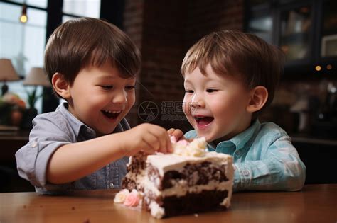 快乐的兄弟吃蛋糕高清图片下载 正版图片600802945 摄图网